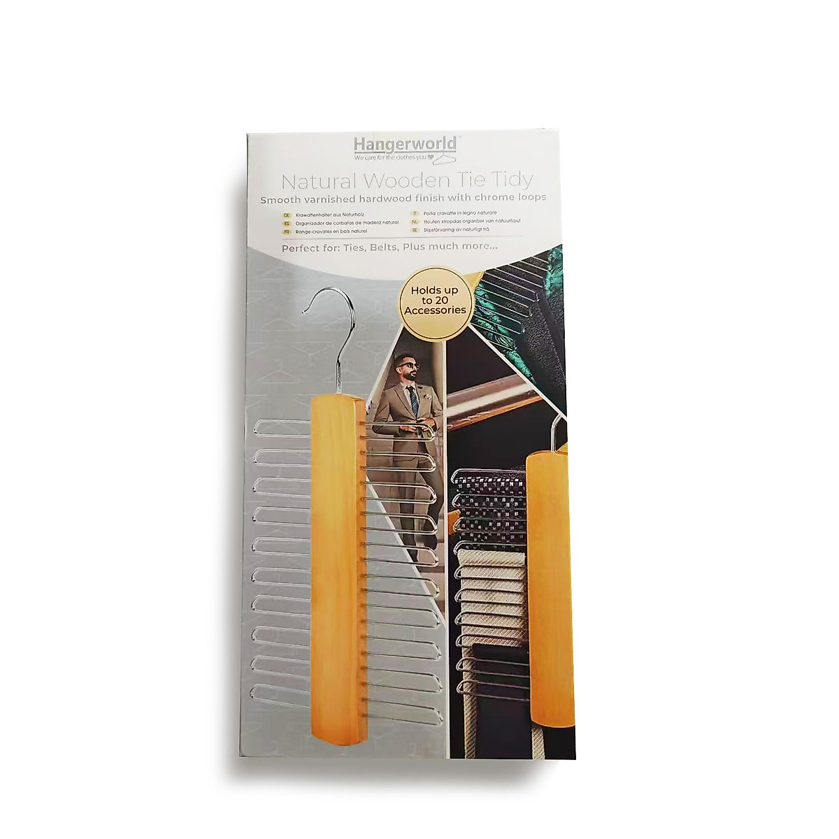 HANGERWORLD Wooden Tie Hanger Space Saving for up to 20 Belts and Ties Organizer