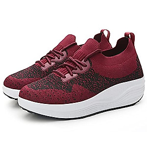 DADAWEN Women's Walking Shoes Sock Sneakers Mesh Slip On Comfort Lightweight Lady Girls Wedge Platform Athletic Shoes Wine Red US Size 9