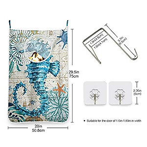 Seahorse Nautical Coastal Shell Hanging Laundry Hamper Bag 1 Pack Retro Sea Animal Starfish Dirty Clothes Storage Bin Washing Baskets Toy Book Clothing Holder for Door Wall Home Bathroom Bedroom