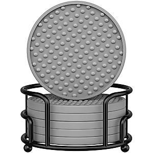 HFHOME Drink Coasters, 6 Pack Silicone Coasters Set with Holder, Coasters for Drinks for Coffee Table, Table Cup Mat Desk Coaster for Drinks, Bar Coasters for Home Decor Tabletop Protection - Gray