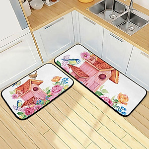 Birdhouse Birds Kitchen Mat Rugs Set of 2 Spring Flowers Comfort Floor Runner Anti Fatigue Non Slid Cushioned Kitchen Carpet Rug for Living Room Laundry Hallway Home Decor