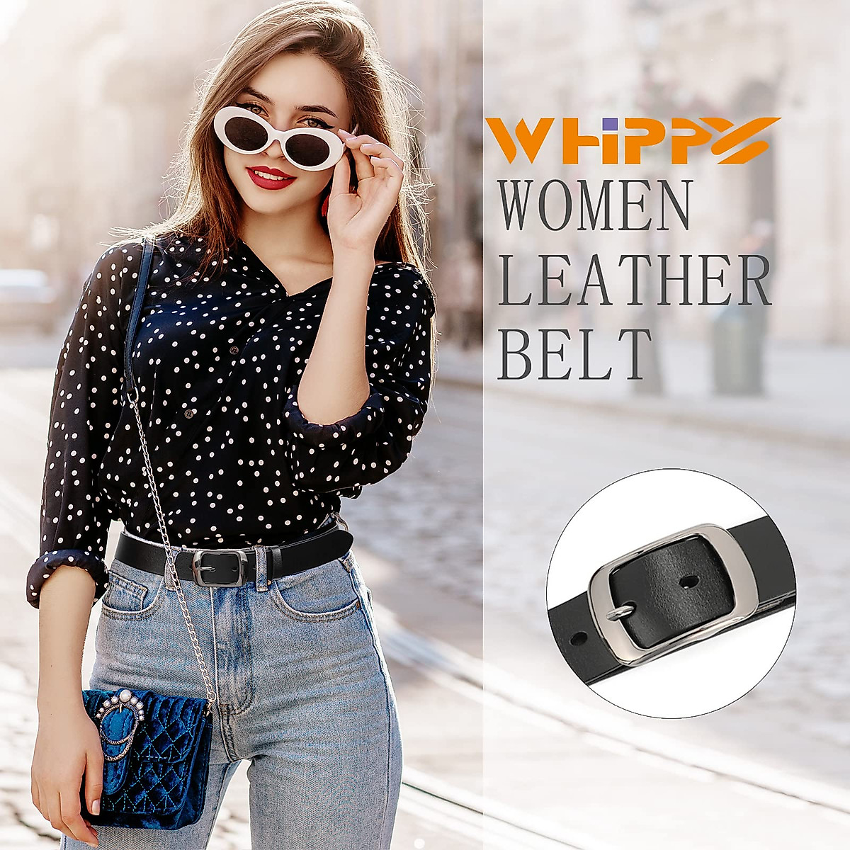 WHIPPY Women Leather Belts for Jeans Pants Fashion Dress Belt for Women with Solid Pin Buckle, Black, M