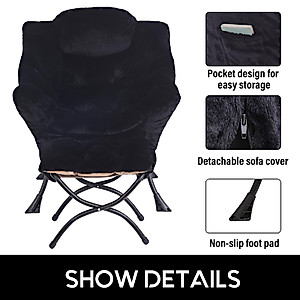 LITA Lazy Chair with Ottoman, Modern Accent Leisure Upholstered Sofa Chair, Lounge Reading Chair with Armrests and a Side Pocket for Living Room, Bedroom & Small Space, Plush Black