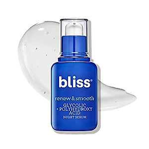 Bliss Renew & Smooth Night Face Serum- AHA Glycolic + Polyhydroxy Acid - Exfoliating, Brightens Resurfacing Dull Dry Skin, For Hydrating Radiant Glowing Skin - Vegan & Dermatologist Tested - 1 Floz