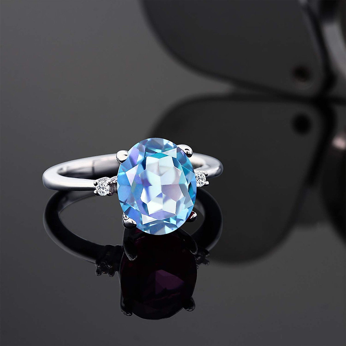 Gem Stone King 925 Sterling Silver Millennium Blue Mystic Quartz and White Topaz Engagement Ring For Women (3.04 Cttw, Oval 10X8MM, Gemstone Birthstone, Available in Size 5,6,7,8,9)