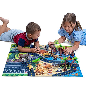 JoyKip Safari Animals Figures Toys with Activity Play Mat & Trees 21 Piece Plastic Animals Figures Wild Zoo Animal Figures for Toddlers Animal Toys for Kids 3+