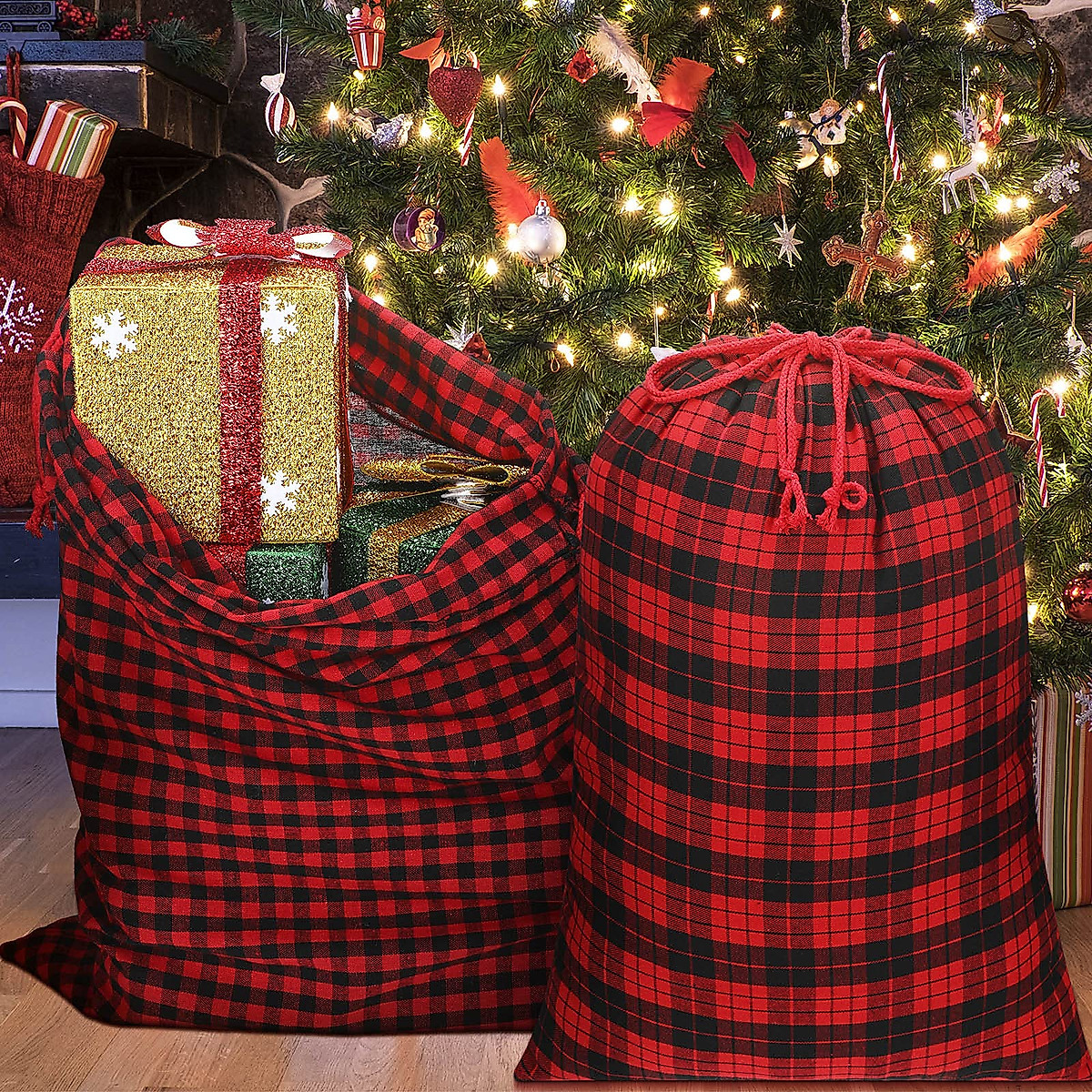 Shappy 4 Pcs Large Christmas Gift Bags 28 x 20 inches Drawstring Fabric Gift Bags Christams Bags for Xmas Presents Holiday Favors(Black-red)