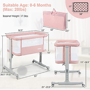 INFANS 3 in 1 Baby Bassinet, Bedside Sleeper for Newborn, Folding Crib with Mattress, Travel Bag, Wheels, 4-Sided Mesh, Easy to Assemble Cradle Co Sleeper Stationary, Rock (Pink)