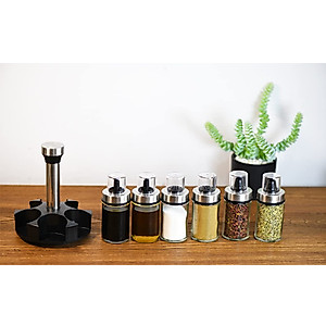 Spinning Spice Rack Organizer with 6 Bottles, Oil and Vinegar Dispenser Set , Stainless Steel Salt and Pepper Shaker Sets with Rotating Holder