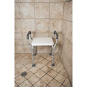Essential Medical Supply Height Adjustable Shower and Bath Bench with Padded Arms and Textured Shower Chair Seat