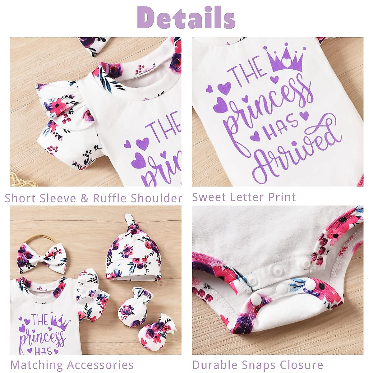 Aalizzwell Baby Girls Outfit 0-3 Months, Newborn Infant Princess Arrived Clothes Short Sleeve Floral Spring Summer Clothing Purple