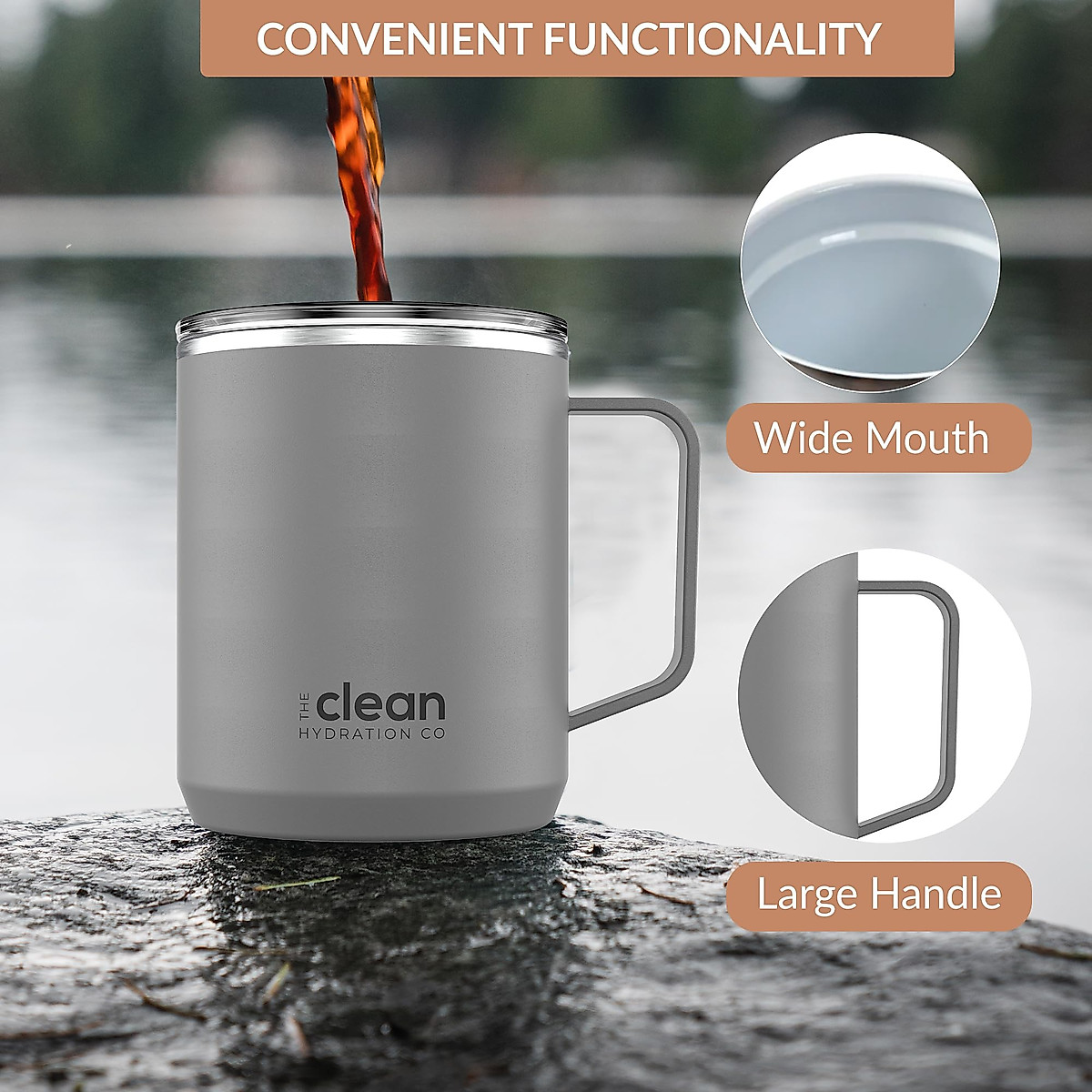 The Clean Hydration Company Insulated Coffee tumbler | Travel coffee mug | Ceramic Lined Tumbler | Iced Coffee Tumbler Cup with Lid | Double Wall Vacuum (Gray, Mug 12oz)