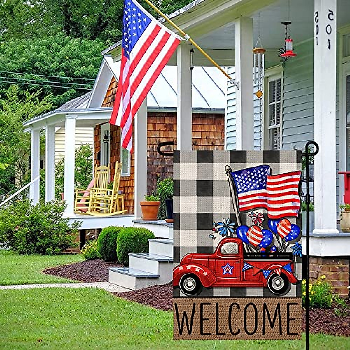CROWNED BEAUTY 4th of July Patrioctic Welcome Truck Garden Flag 12x18 Inch Double Sided USA Flag Plaid Memorial Day Independence Day Outside Yard Party Decoration