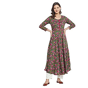 Tissu Women's Rayon Green & Rani Floral Pritned A-Line Kurta 2153_Green_3XL