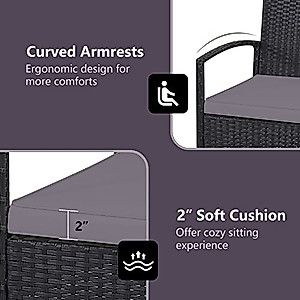 RELAX4LIFE 3-Piece Patio Furniture Set - Rattan Conversation Set, Wicker Bistro Set W/ 2 Chairs, Glass Table, Steel Frame, Outdoor Chairs Set for Backyard, Balcony, Front Porch Furniture(Gray)