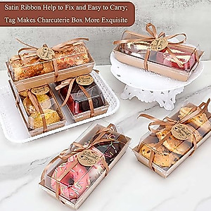 60 Pack Paper Charcuterie Boxes with Clear Secure Lids, 7.5 Inches Brown Bakery Boxes with 2 Rolls of Ribbon, Long Disposable Food Containers Treat Boxes for Macaroon, Cookies, Strawberry Dessert