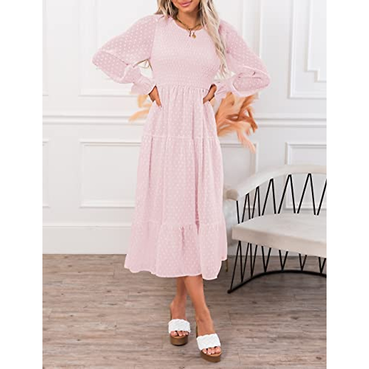 MEROKEETY Women's Long Sleeve Round Neck Smocked Elastic Waist A Line Tiered Dress,Pink,M