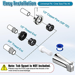 Dreyoo Four in One Tub Spout Adapter, Threaded Bathtub Faucet Adapter Slip Fit for Copper (Compatible with 1/2'' Copper Pipe, 1/2'' and 3/4'' Pipe Thread), Bathtub Spout Adapter Kit with Assembly Tool