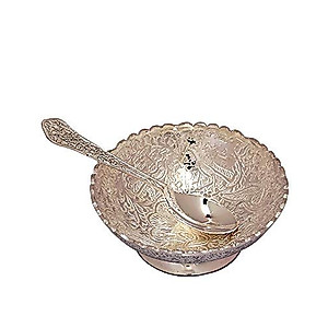 Rastogi Handicrafts Aluminium -Silver Plated Small Bowl Set with Spoon Size - 3.5 Inch Diameter Bowl, capacity -100 ml /3.38 OZ