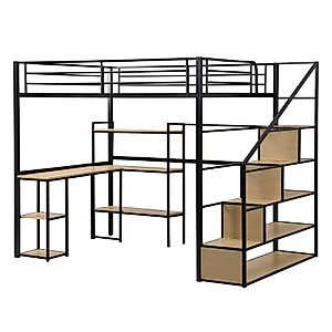 Bellemave Full Loft Bed with Desk Metal Loft Bed with Bookcase, Storage Staircase and 4-Tier Shelves, Full Size Loft Bed for Kids, Teens, Adults, Black