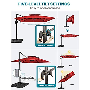 JEAREY 9FT Square Cantilever Patio Umbrella Double Top Roating Outdoor Offset Umbrella Heavy Duty Sun Umbrella for Patio Lawn Garden Backyard and Pool, RED