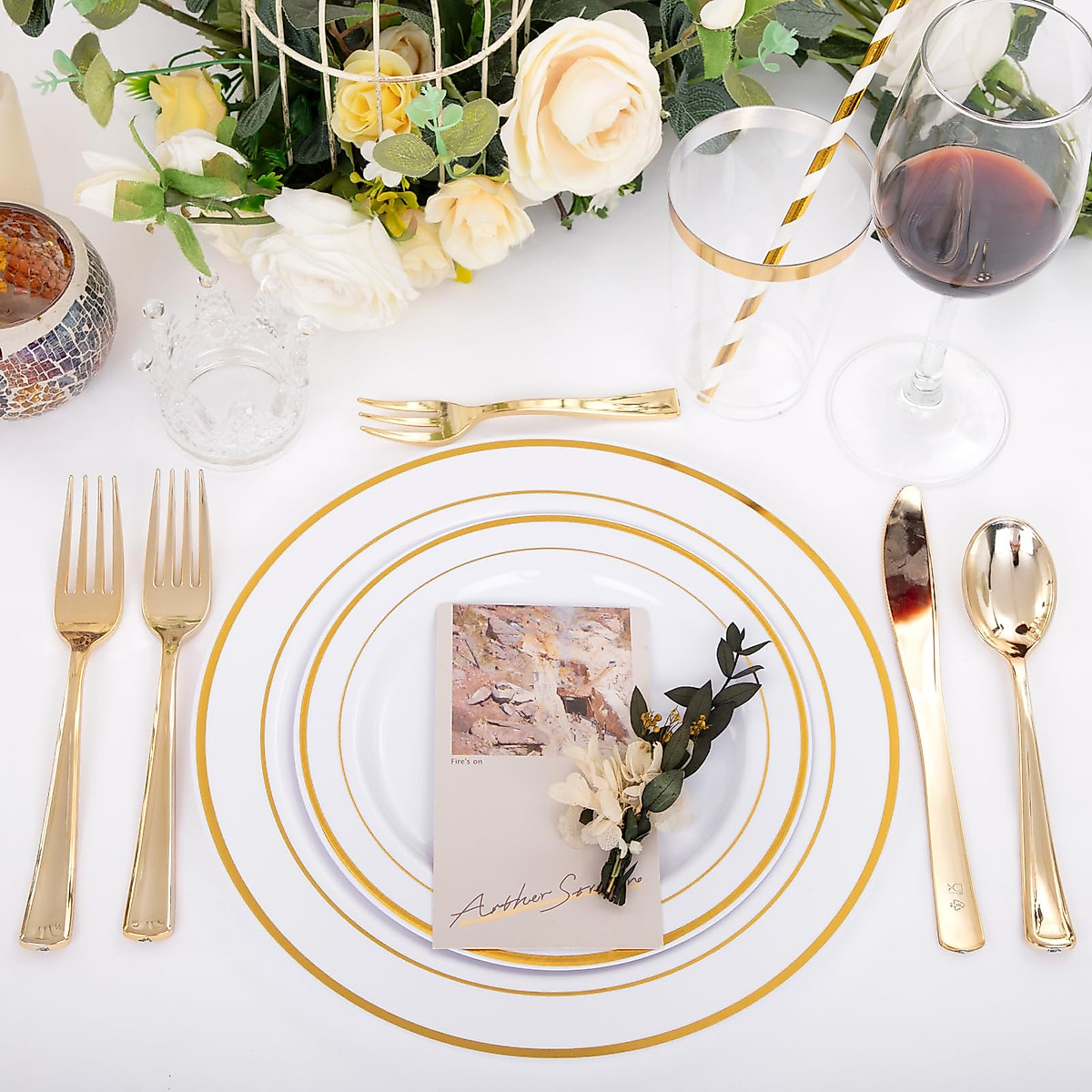 Ciaell 250PCS White and Gold Plastic Plates - Gold Disposable Plastic Plates Sets include 50Plates, 25Knives, 25Forks, 25Spoons, 25Mini Fork, 25 Cups, 25Paper Straws, 50Napkins for Thanksgiving, Party