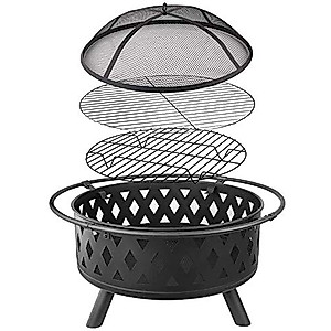 LEAYAN Garden Fire Pit Grill Bowl Grill Barbecue Rack Fire Pit Bowl, Outdoor Metal Firepit,BBQ Grill Fire with Grille, Sticks for Fire Pit, Fire Pit with Cover BBQ Cooking for Camping Backyard