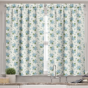 Ambesonne Ivory and Blue Valance & Tier Curtain 3 pcs Set, Forget-me-not Flowers Pattern Fresh Foliage on Ivory Backdrop, Window Treatments for Room Kitchen Decor, 55" x 24", Pale Blue Ivory and Green