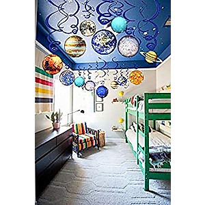 LINDOO 30Pcs Solar System Party Supplies - Outer Space Party Planet Hanging Swirl Decorations