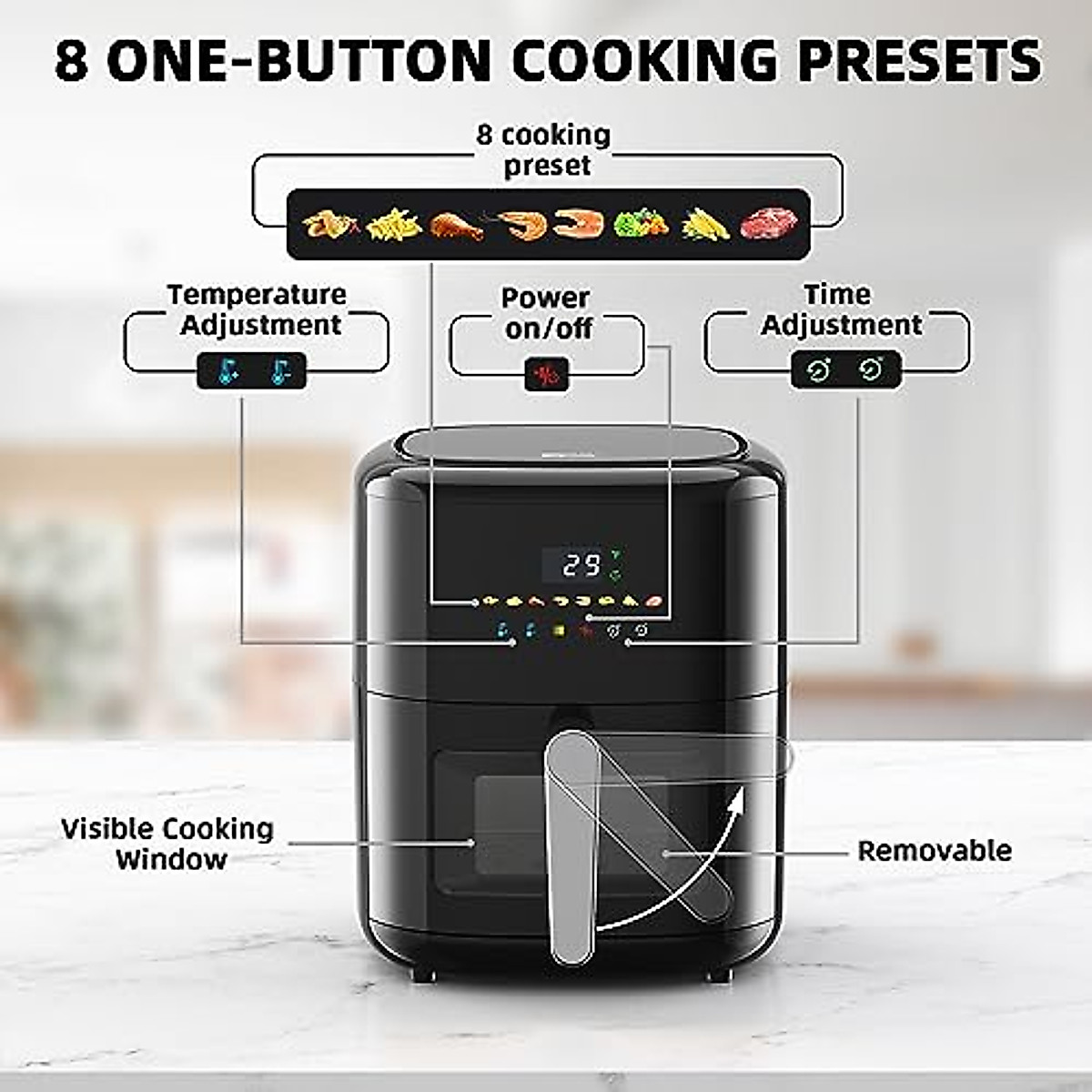Digital Touchscreen 6 in 1 Air fryer Oven, 1600W 5.8Quart Capacity can Air Fry, Roast, Reheat with Visible Window, Nonstick Basket and Crisper Plate.Oil Less Electric Cooker, Perfect for Busy Families
