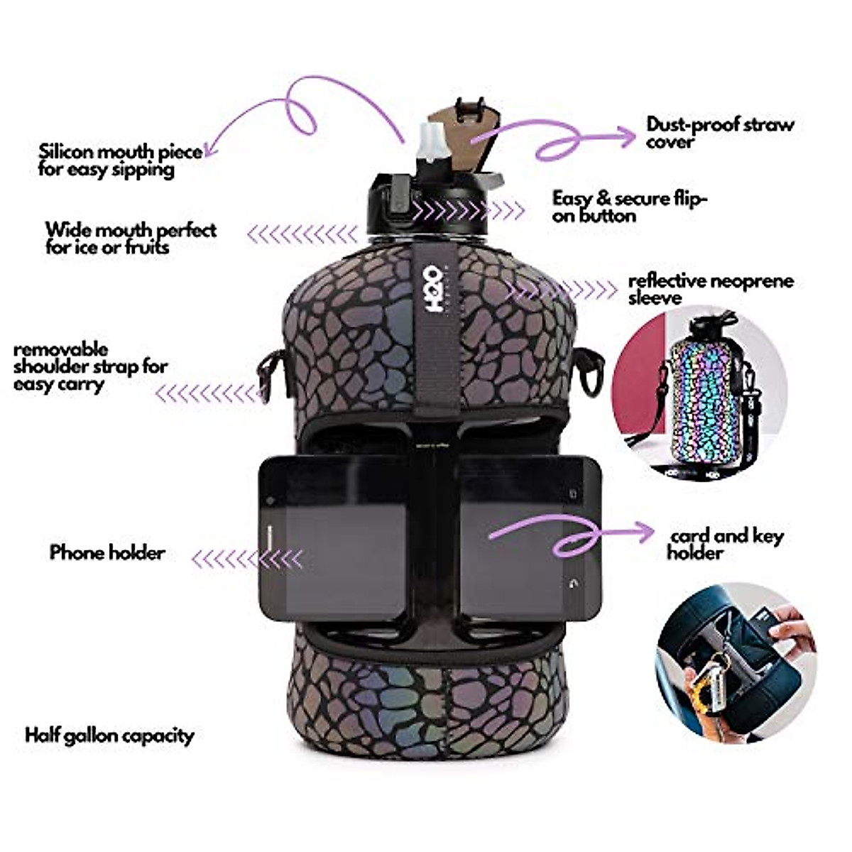 H2O Capsule 2.2L Half Gallon Water Bottle with Storage Sleeve and Covered Straw Lid – BPA Free Large Reusable Drink Container with Handle - Big Sports Jug, 2.2 Liter (74 Ounce) Cheetah Reflex