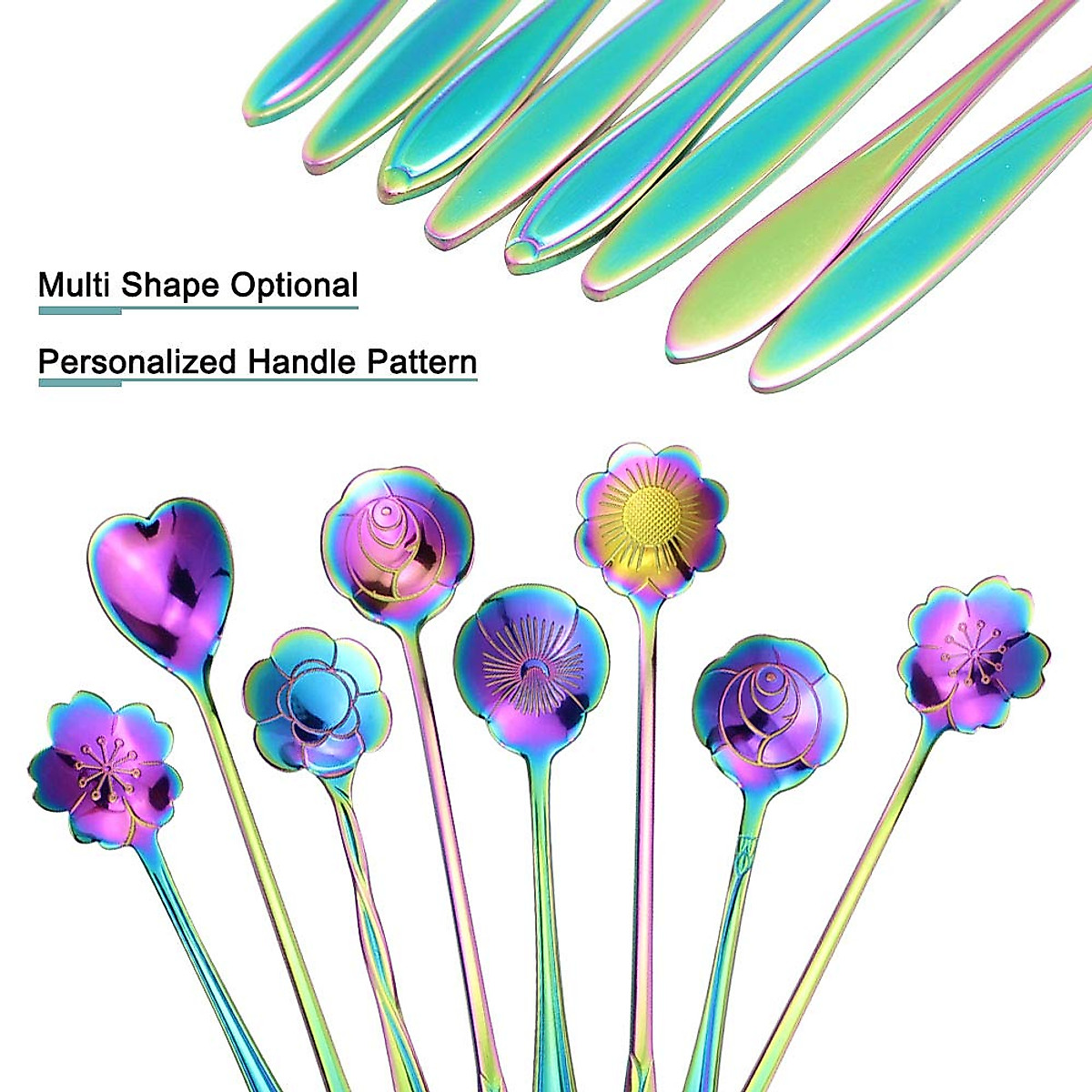 SelfTek 8Pcs Rainbow Flower Spoon Set, 2 Different Size Colorful Stainless Steel Reusable Teaspoons Coffee Sugar Stirring Spoon Dessert Cake Spoons Tea Scoops Table Spoon Mixing Spoon Ice Tea Spoon