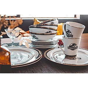Ukonic Jurassic Park Logo 16-Piece Ceramic Dinnerware Set Replica | Movie-Authentic Dinosaur Dish Set | Includes Dinner Plates, Salad Plates, Soup Bowls, Mugs | Place Setting For 4, White