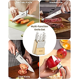 Knife Sets for Kitchen with Block 15-Piece, Otirilo Kitchen Knife Set High Carbon Stainless Steel Cooking Knife Set, Triple Riveted Forged Handle, Razor-Sharp Chef's Knife Set with Sharpener