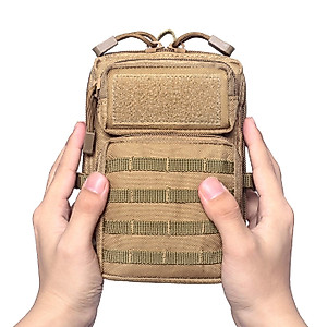 Tactical Molle Pouch Compact EDC Tool Pouch Bag Mini Utility Pouch with US Flag Patch, Shoulder Strap & Two D-Rings (Tan)