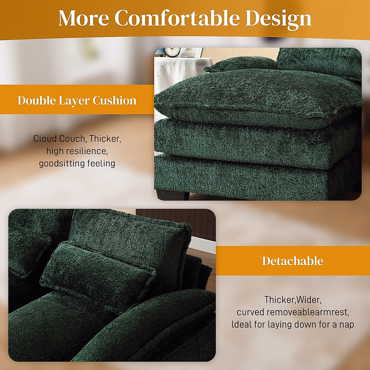 ONEMMLION U Shape Sectional Sofa Cloud Couch for Living Room, 110" Modern Chenille Comfy Modular Sofa, 4 Seat Upholstery Sofa Sleeper with Double Chaise & Memory Foam, Emerald Green