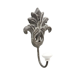 Chateaux Fleur De Lis Wall Hooks, Set of 4, Shabby Distressed Finish, French Country Style, Rustic Bronze, Rubbed White Patina, Cast Iron, Vintage Inspired, Porcelain Caps, Each 6 Inches Tall