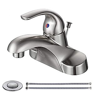 WOWOW Bathroom Faucet 1 Handle Low Arc Single Handle 4 inch Centerset Bathroom Sink Faucet with Pop Up Drain Assembly Basin Mixer Tap Brushed Nickel Vanity Faucets