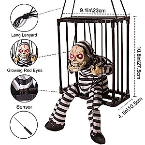 BINDUO Scary Halloween Decoration Outdoor Skull Decor with Motion Sensor Hanging Skulls Prisoner Cage Light Up Eyes Talking Spooky Spirit Halloween Animatronic Home Decor