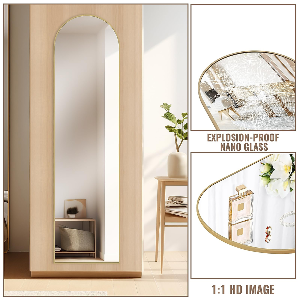NEWBULIG 59"x16" Full Length Floor Mirror,Wall Mounted Mirror Hanging or Leaning, Arched Floor Mirror for Living Room Cloakroom,Gold-Arched