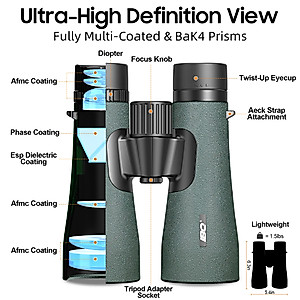 12x50 UHD Binoculars for Adults High Powered with Upgraded Phone Adapter - Large View, Lightweight, IPX7 Waterproof - Binoculars for Hunting Bird Watching Travel Cruise