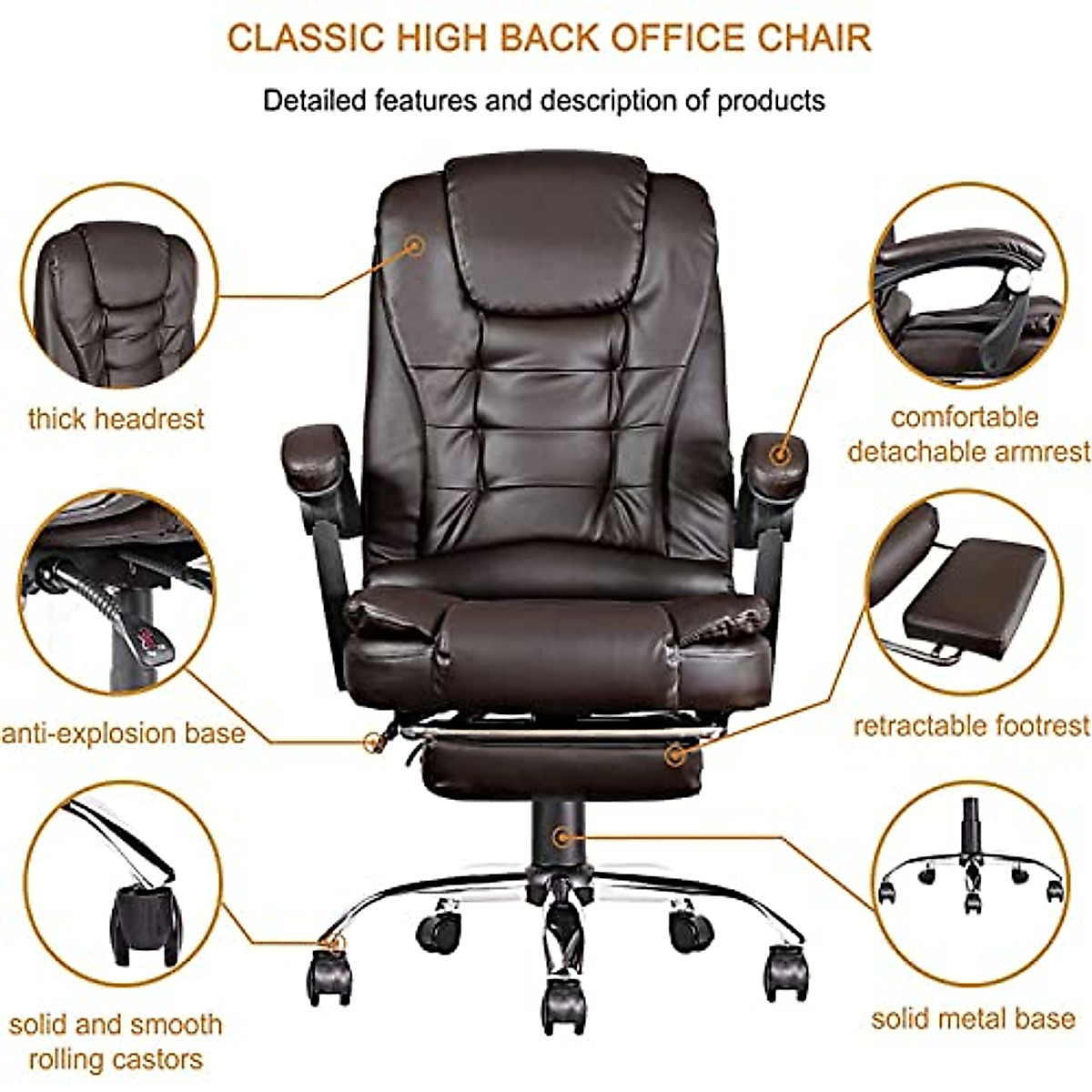 Ergonomic Office Chair with Footrest Massage Executive Office Chair High Back Office Chair with Lumbar Support Leather Recliner Chair for Home Computer Desk