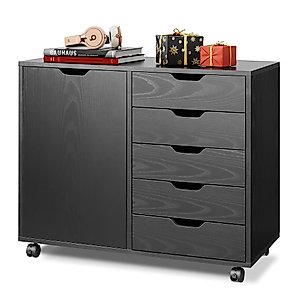 DEVAISE 5-Drawer Wood Dresser Chest with Door, Mobile Storage Cabinet, Printer Stand for Home Office, Black