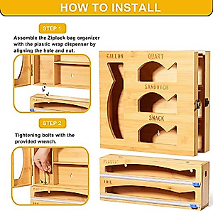 6 Slots Bamboo Wall mountable Ziplock Bag Storage Organizer and Foil & Plastic Wrap Dispenser with Cutter, for Kitchen Drawer, Counter Top, Pantry, Compatible with Gallon, Quart, Sandwich, Snack Bag