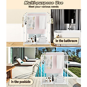 Mondazie 44” Tall Free Standing Towel Racks with 6 Hooks for Bathroom, 3 Tiers Oversized Pool Bath Towels Drying Stand, Metal Blanket Ladder Holder with Storage Shelf for Bedroom Living Room, White