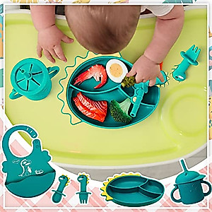 Yaomiao 6 Pcs Silicone Toddler Feeding Set Baby Led Weaning Supplies Dinosaur Shape Divided Silicone Suction Plate Adjustable Bib Sippy Cup with Spoon and Fork Straw Set, Microwave Dishwasher Safe