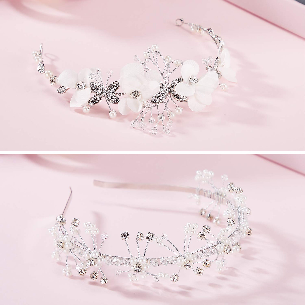 WILLBOND 2 Pieces Wedding Flower Crown Princess Wedding Headpiece Baptism Gift First Communion Headpiece for Girls Communion Veil Crystal Tiara for Girls Wedding and Flower Girls