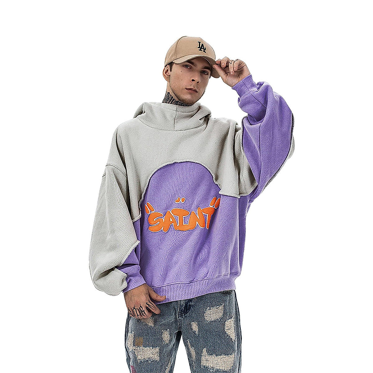 Arnodefrance Men Vintage Graphic Hoodie Purple Grey Patchwork Cotton Hoodies Pullover Sweatshirt