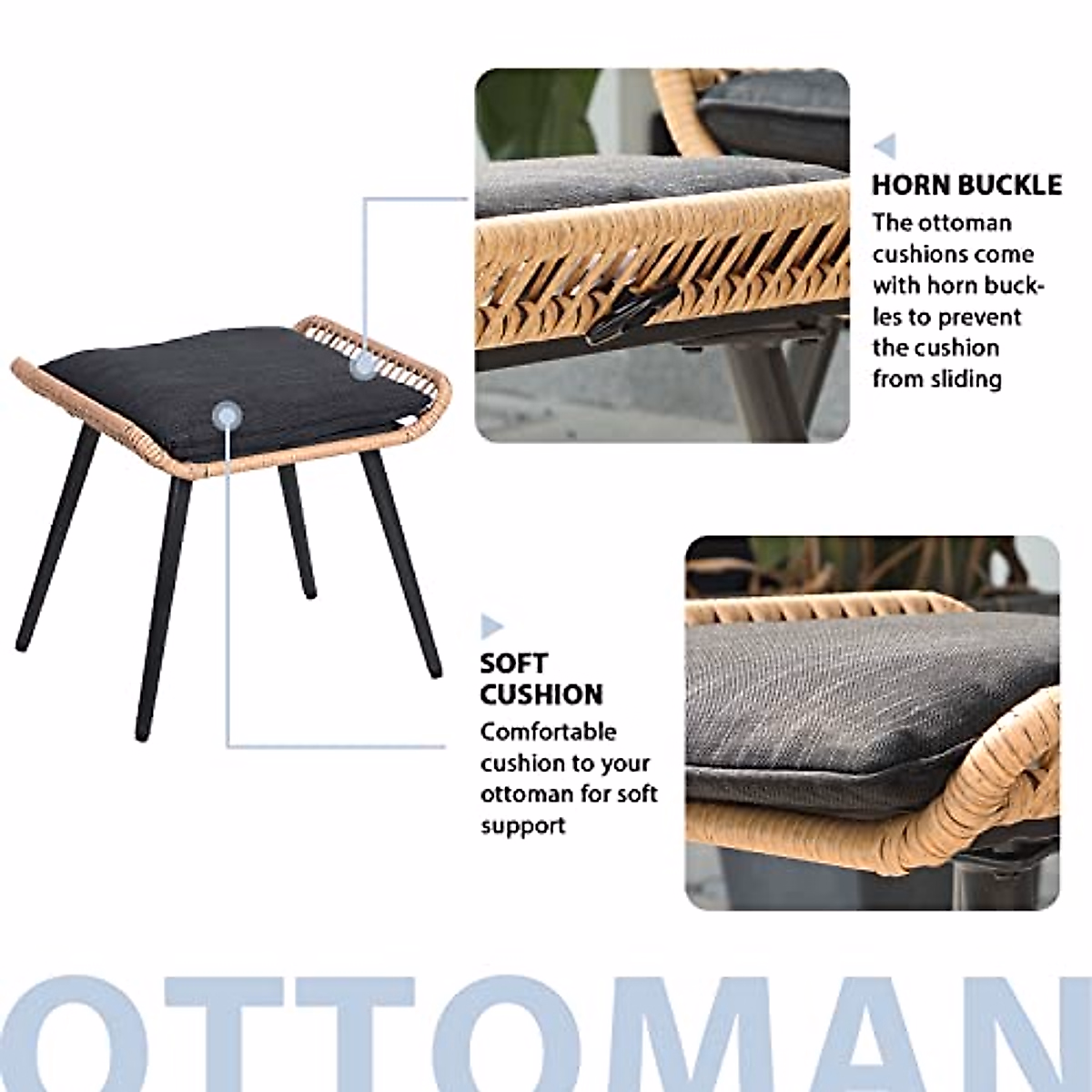 JOIVI 5 Piece Outdoor Wicker Furniture Set, Rattan Bistro All Weather Conversation Set with Ottoman and Coffee Side Table