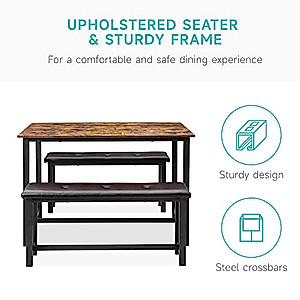 Amyove Kitchen Table Set, Dining Room Table Set for 4 with Upholstered Benches, Dining Table Set Metal and Wood Rectangular Dining Table for Small Space, Apartment, Breakfast, Rustic Brown